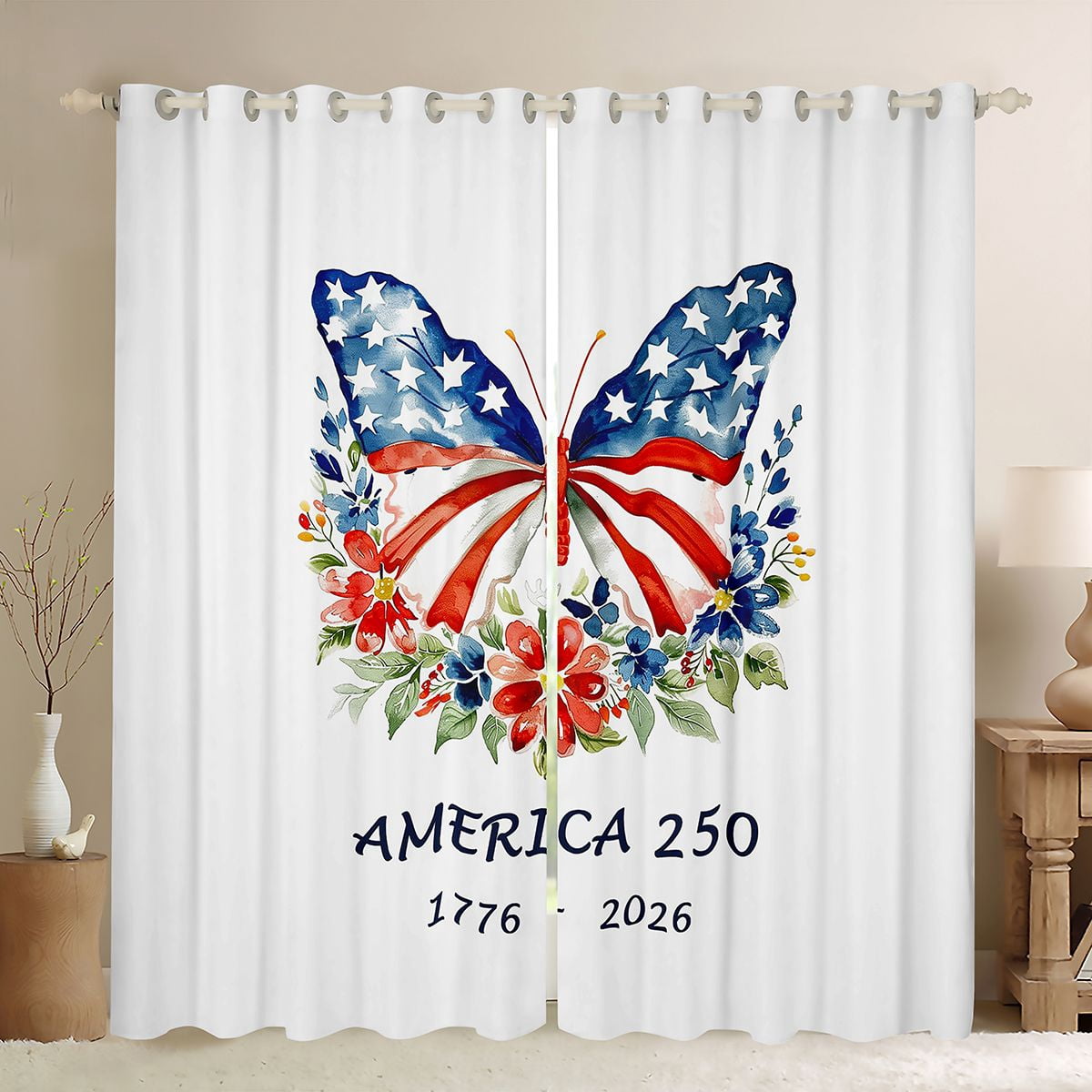 Manfei Watercolor Butterfly Kitchen Curtains, Patriotic Floral 250 ...