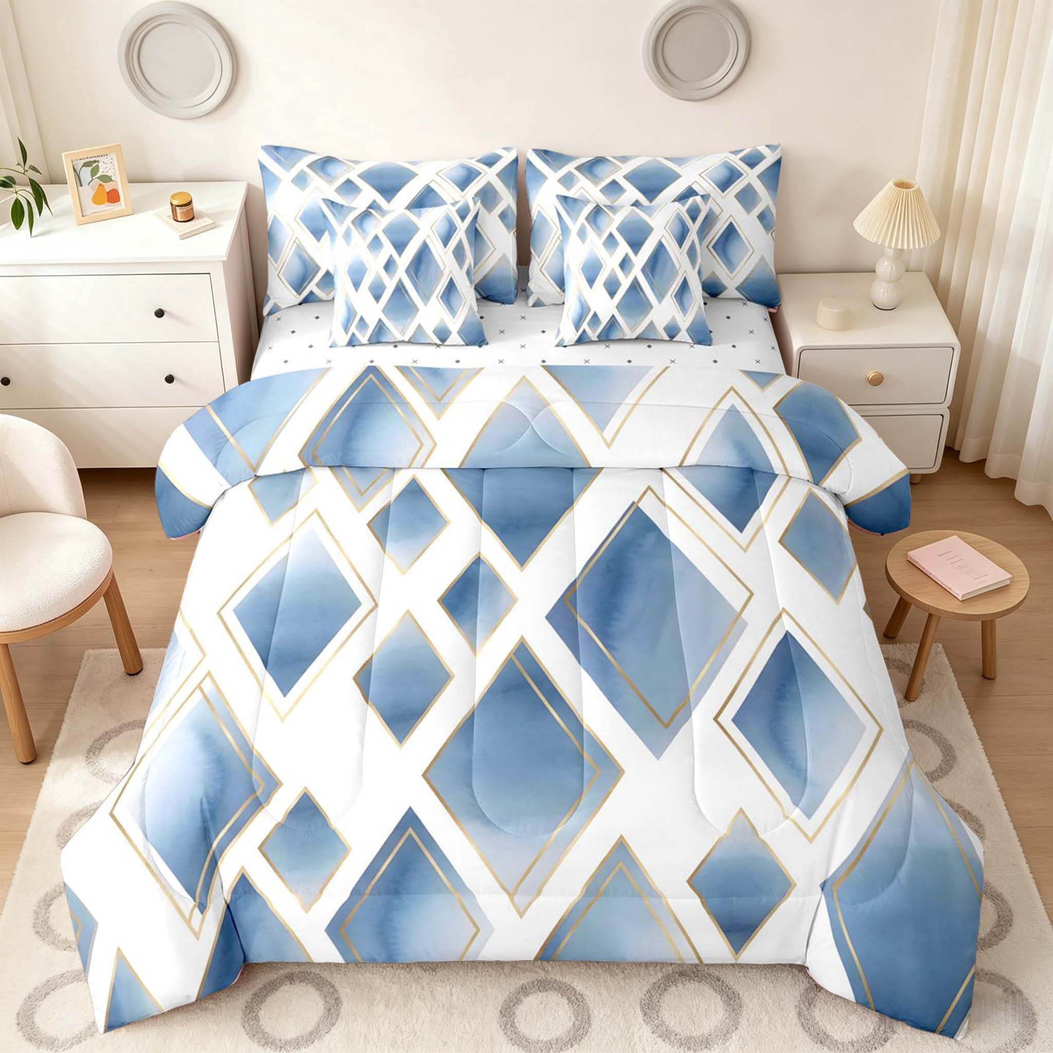 Manfei Watercolor Diamond Geometric King Bedding, Gold Metalic King Bed ...