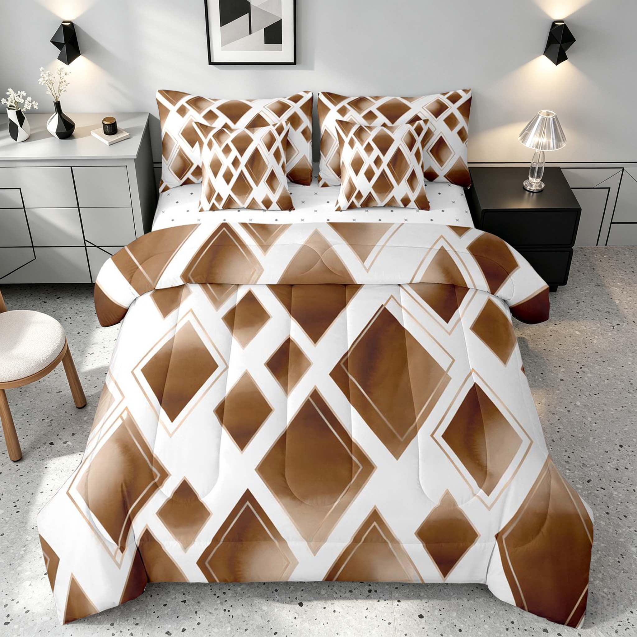 Manfei Watercolor Diamond Geometric King Bedding, Gold Metalic King Bed ...