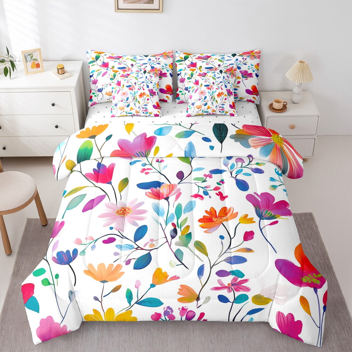 Manfei Watercolor Floral Bedding Comforter Set 7pcs for Kids, Rustic ...