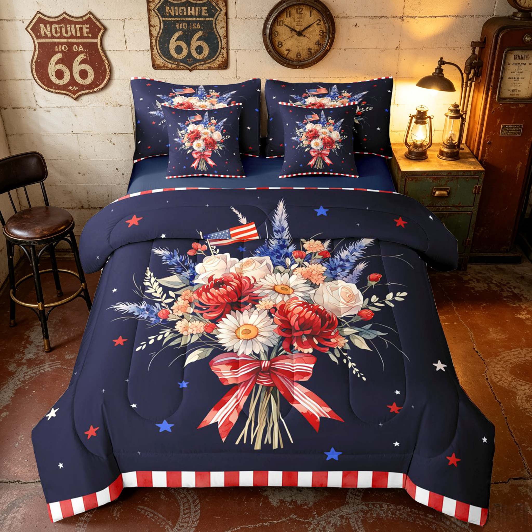 Manfei Watercolor Floral Bouquet Queen Bedding, US Flag Stars Bedding ...