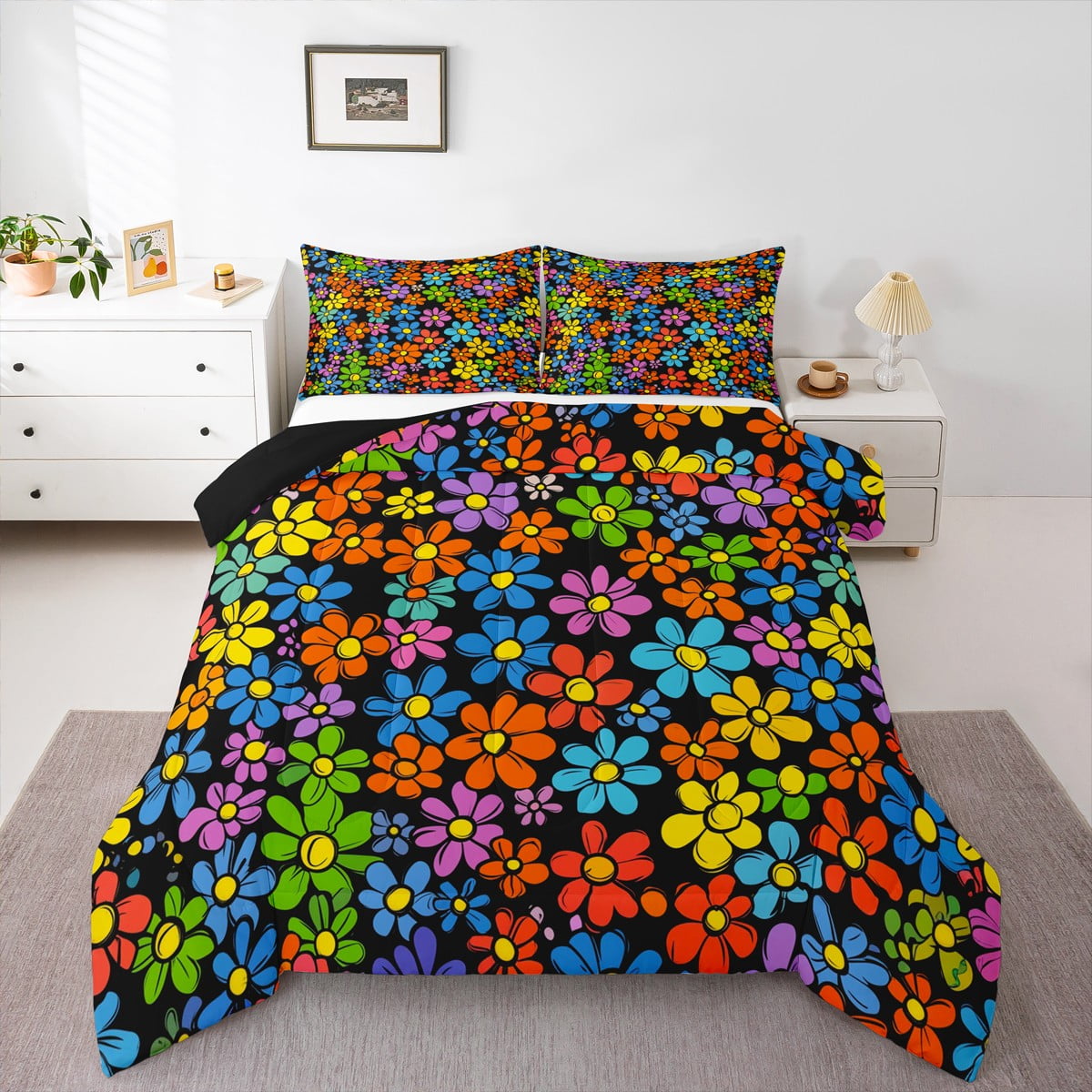 Manfei Watercolor Flower Floral Queen Comforter Set,Multicolor Daisy ...