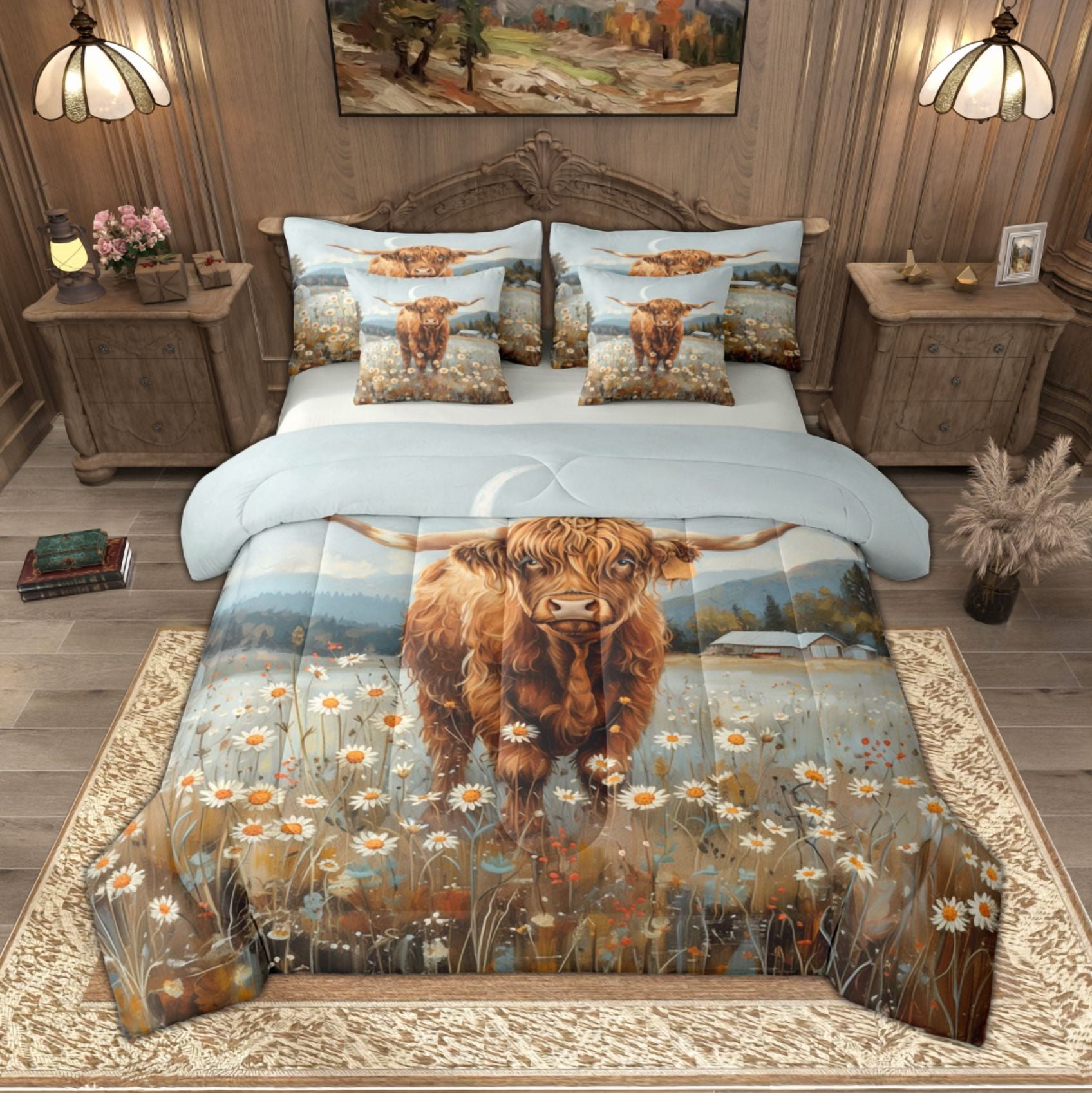 Manfei Watercolor Highland Bull Bedding Comforter Set 7pcs, Daisy ...
