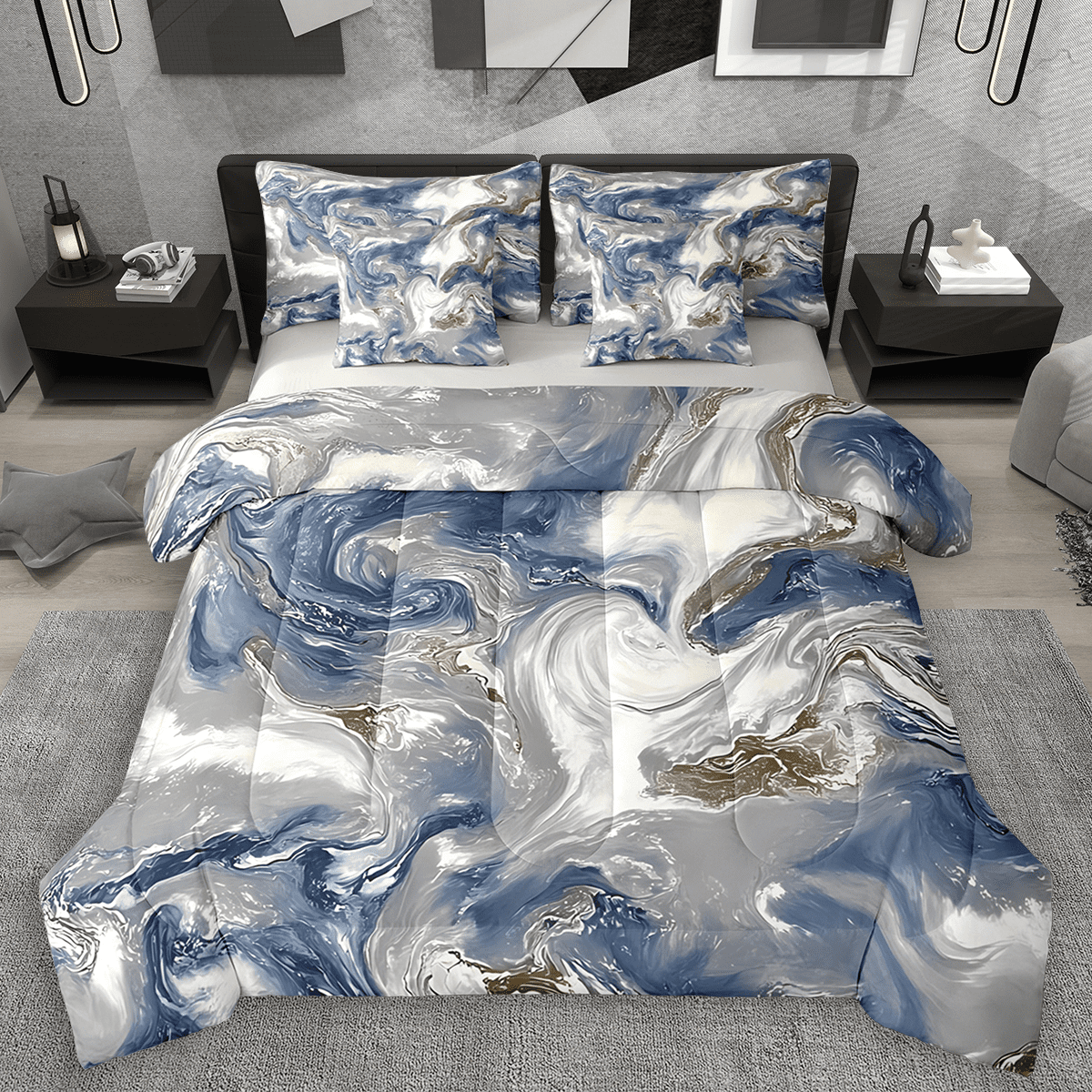 Manfei Watercolor Marble Bedding Comforter Set 7 Pieces, Modern ...