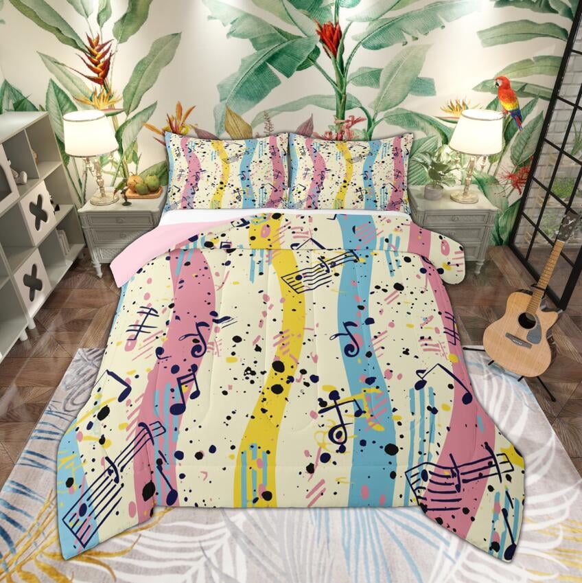 Manfei Watercolor Musical Notes Bedding Comforter Set, Rainbow Stripe ...