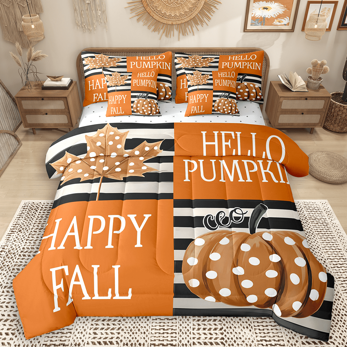 Manfei Watercolor Pumpkin Bedding Comforter Set 7 Pieces, Orange Queen ...