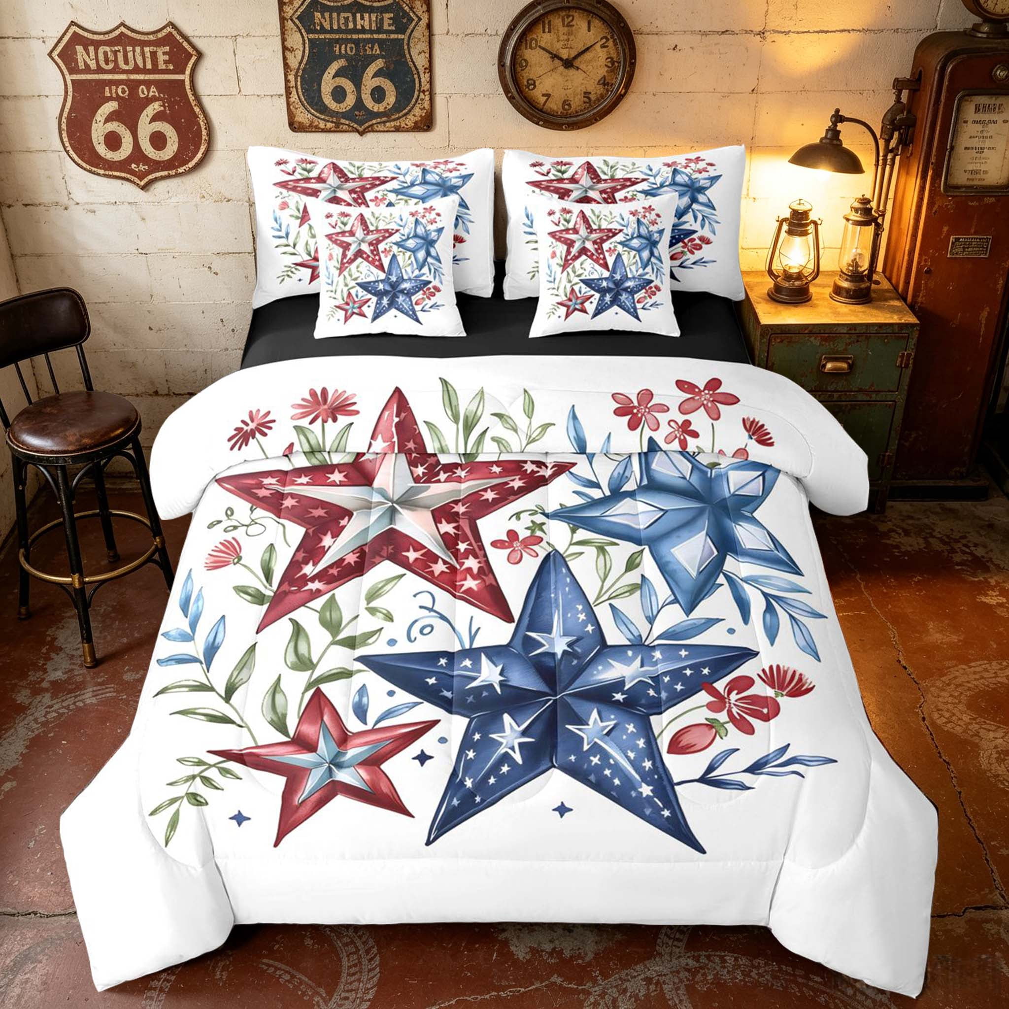 Manfei Watercolor Star Floral Full Size Bedding Sets, Blue Red White ...