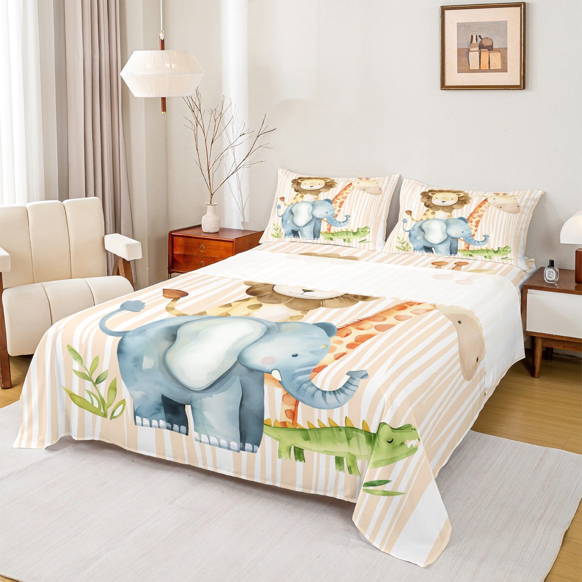 Manfei Watercolor Zoo Animal Queen Sheet Sets for Kids Children, Lion ...