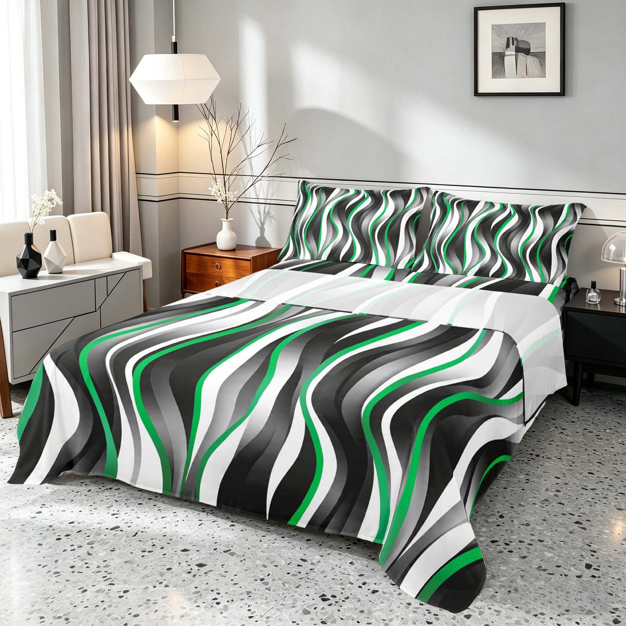 Manfei Wavy Stripe Bed Sheets,, Green Black White Fuul Size Sheets ...
