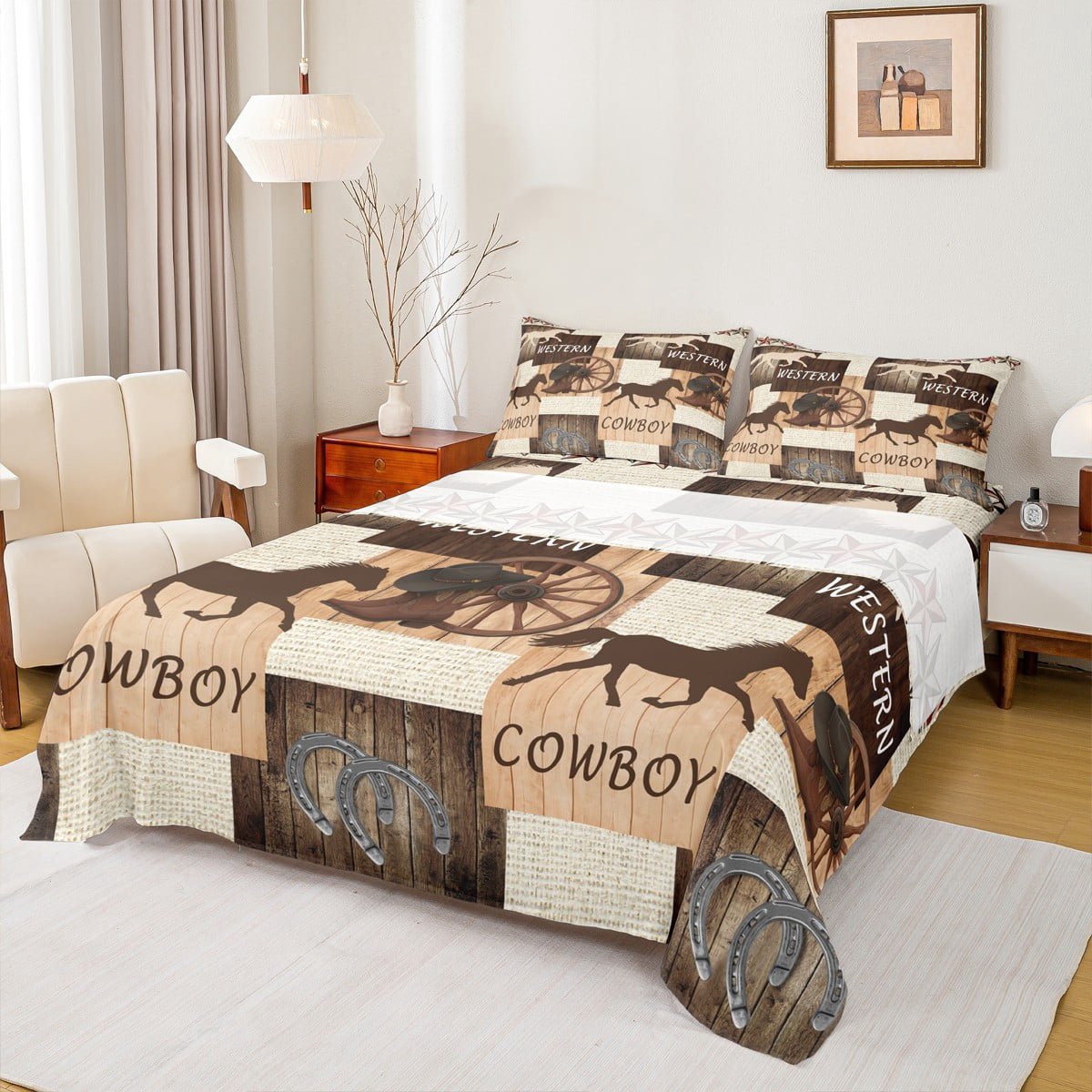 Manfei Western Cowboy Bed Sheets,Rustic Horseshoe Texas Stars King ...