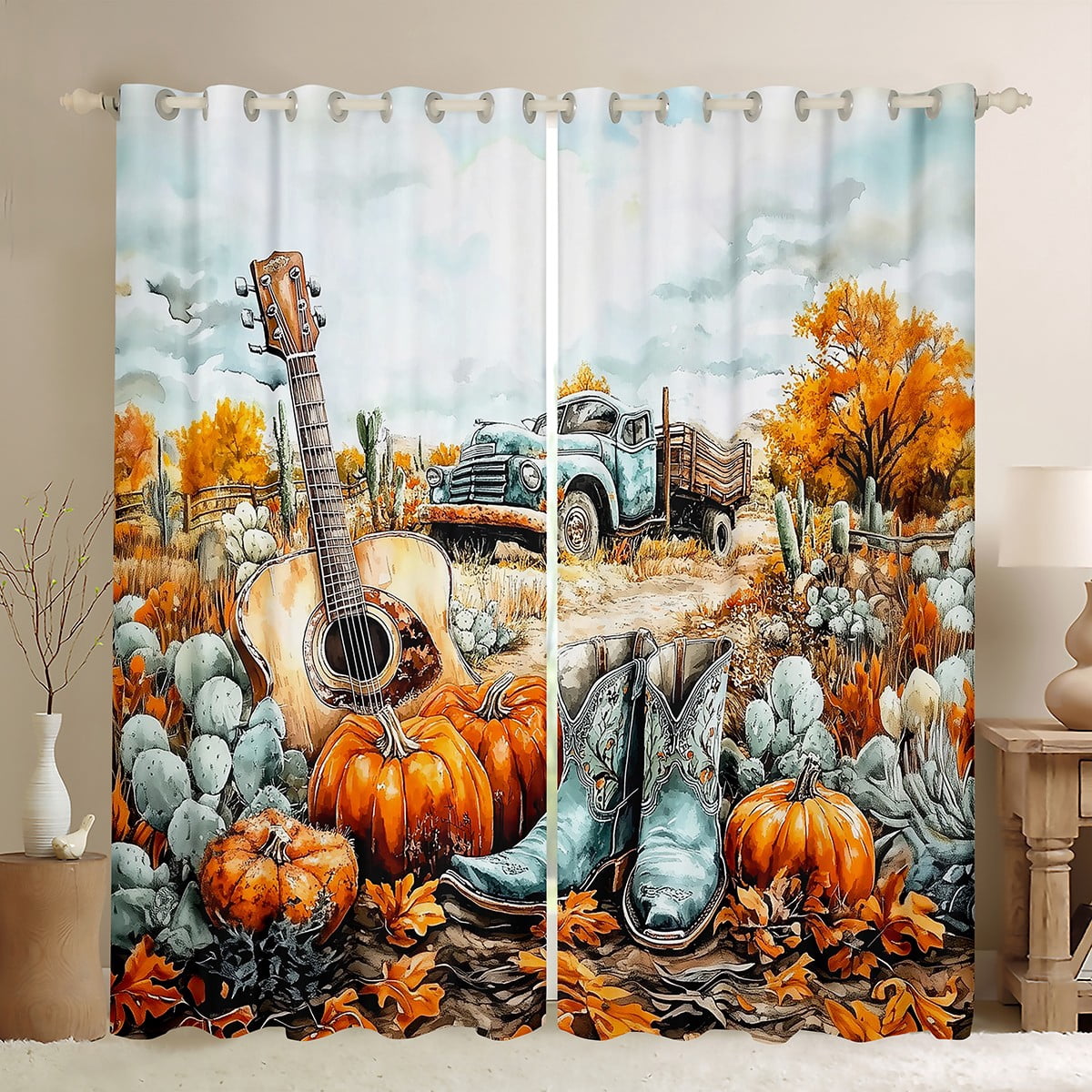 Manfei Western Cowboy Boots Curtains and Drapes,Tropical Plant Cactus ...