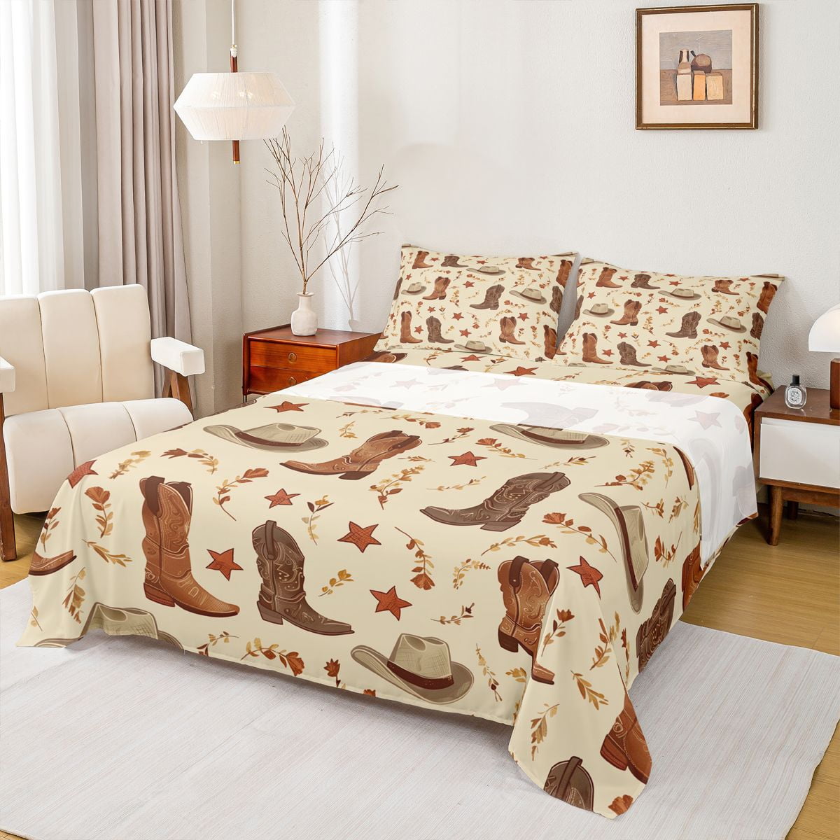 Manfei Western Cowgirl Cowboy Bed Sheets, Hippie Boot Hat King Sheets ...