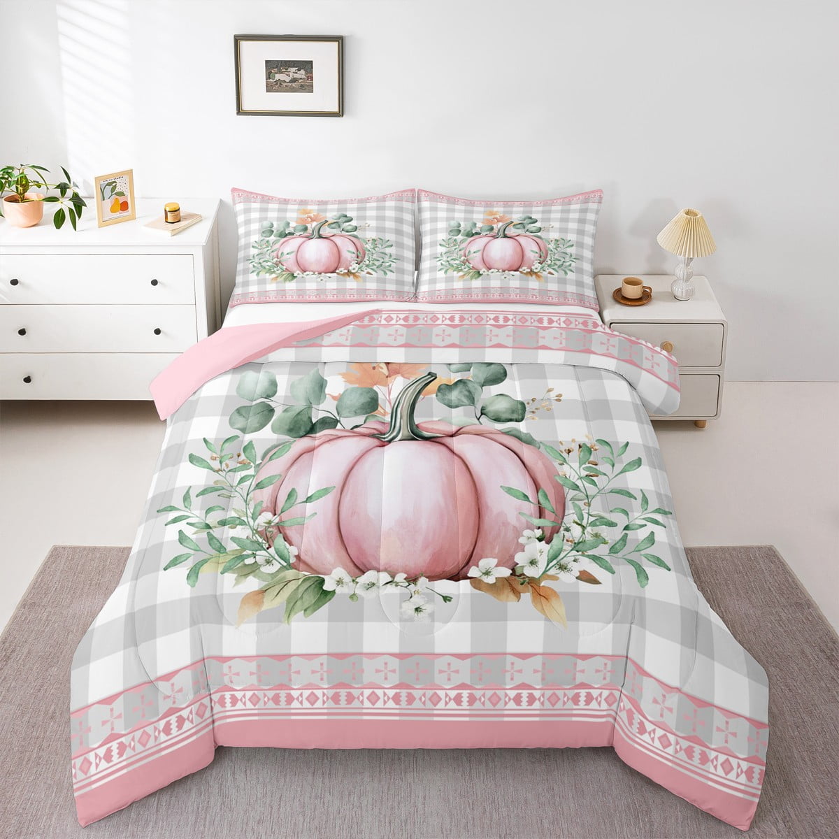 Manfei Western Farmhouse Queen Comforter Set,Pink Pumpkin Flower ...