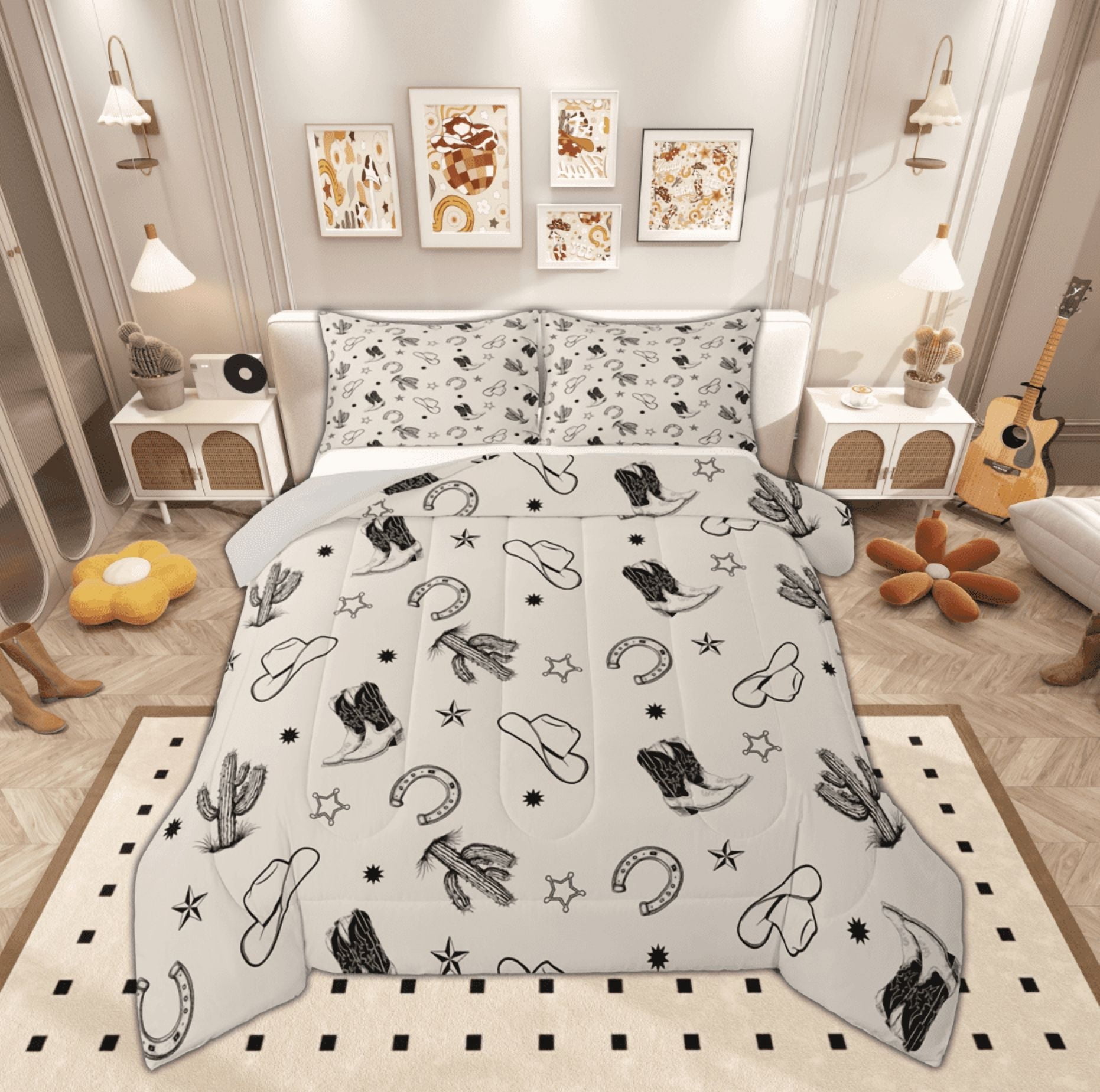 Manfei Western Horse Shoes Queen Comforter Set for Kids, Cowgirl Cowboy ...