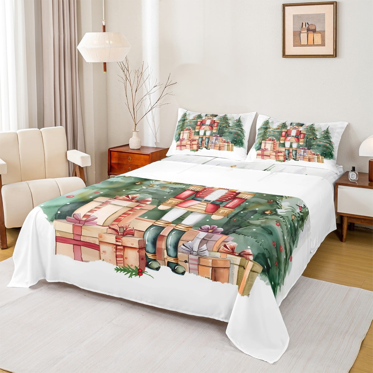 Manfei Western Nutcracker Soldier Queen Sheet Sets，Merry Christmas Flat ...