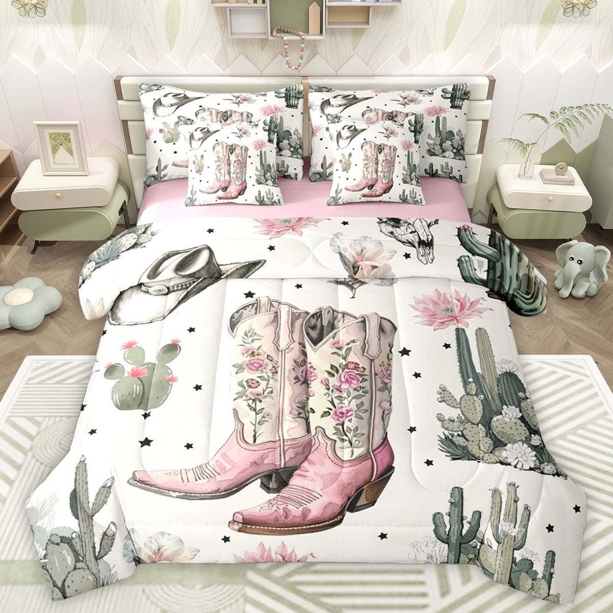 Manfei Western Princess Boot Twin Bedding Sets 7-Piece, Hippie Cactus ...
