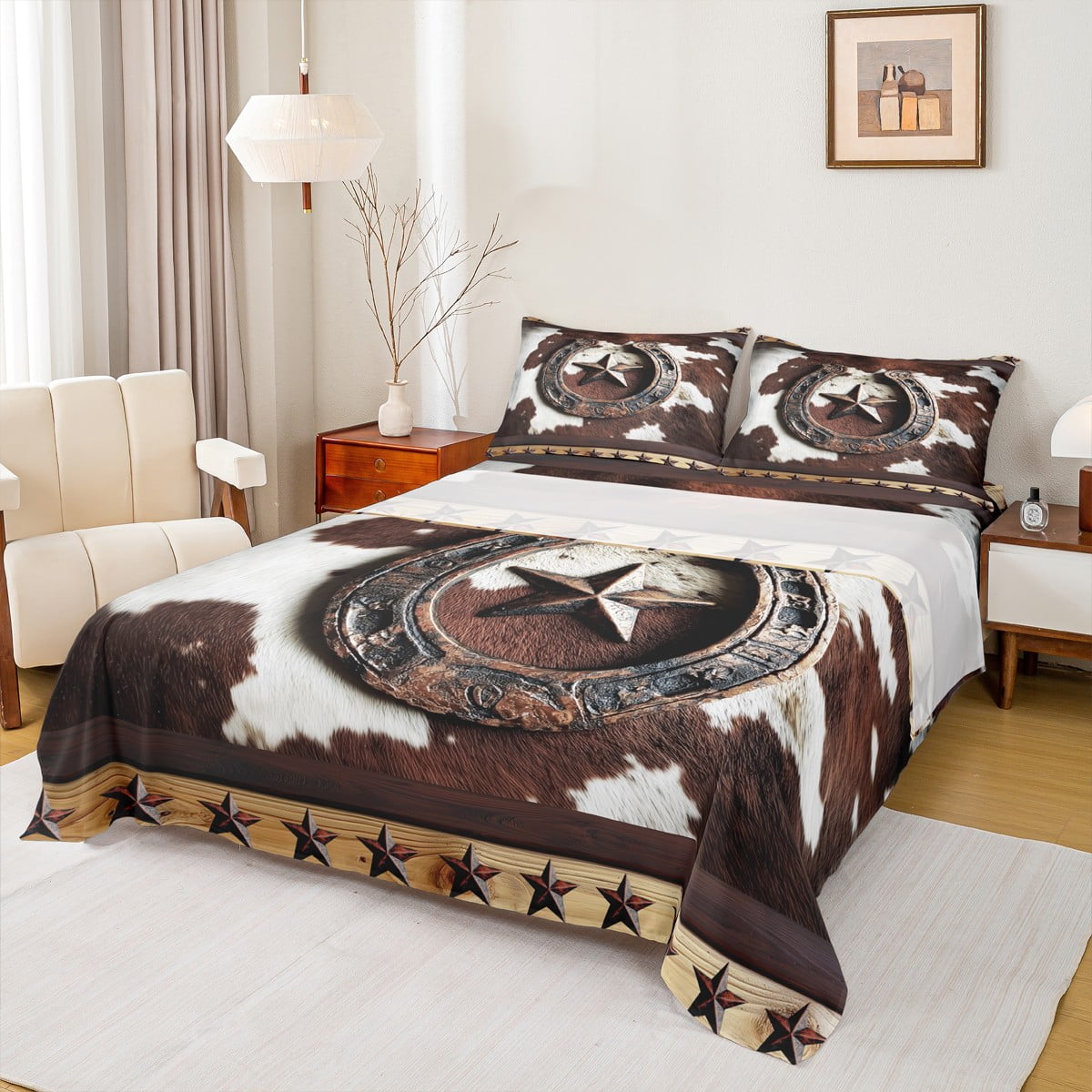 Manfei Western Texas Stars Bed Sheets, Tribal Cow Print King Sheets ...