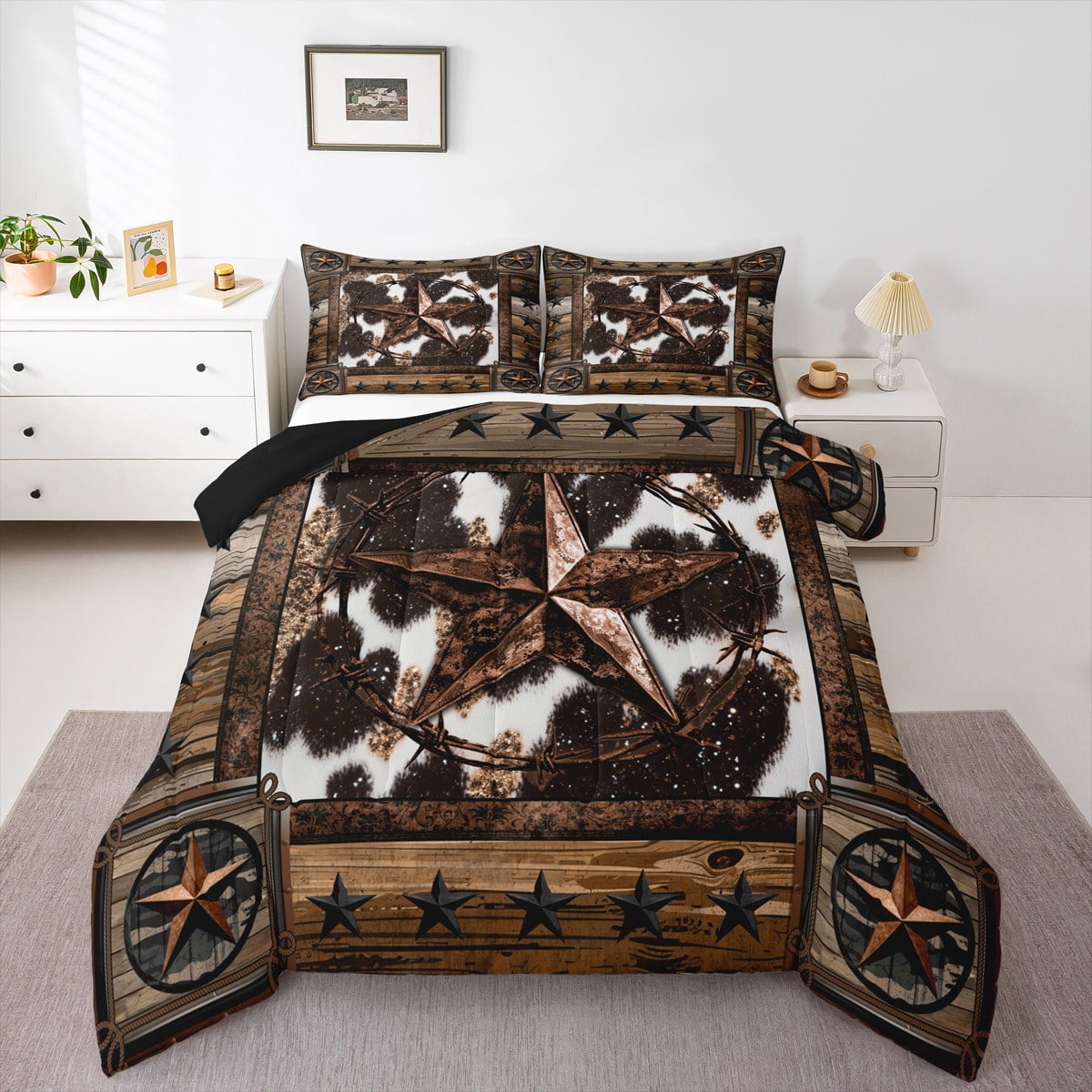 Manfei Western Texas Stars Bedding Sets Full with Comforter, Brown Cow ...