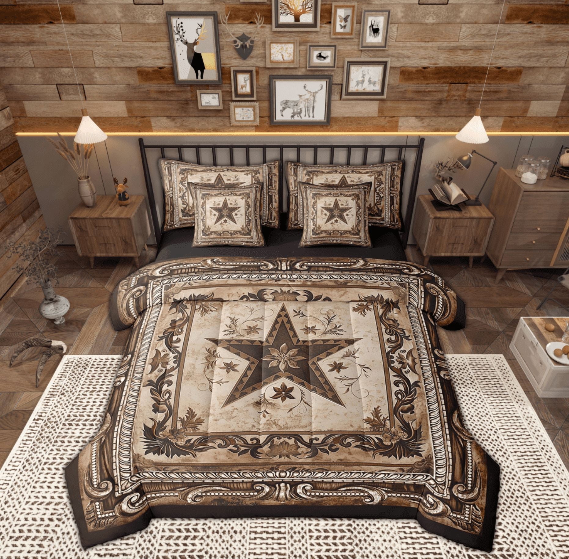 Manfei Western Texas Stars Bedding Sets Queen Size, Brown Damask Bed in ...