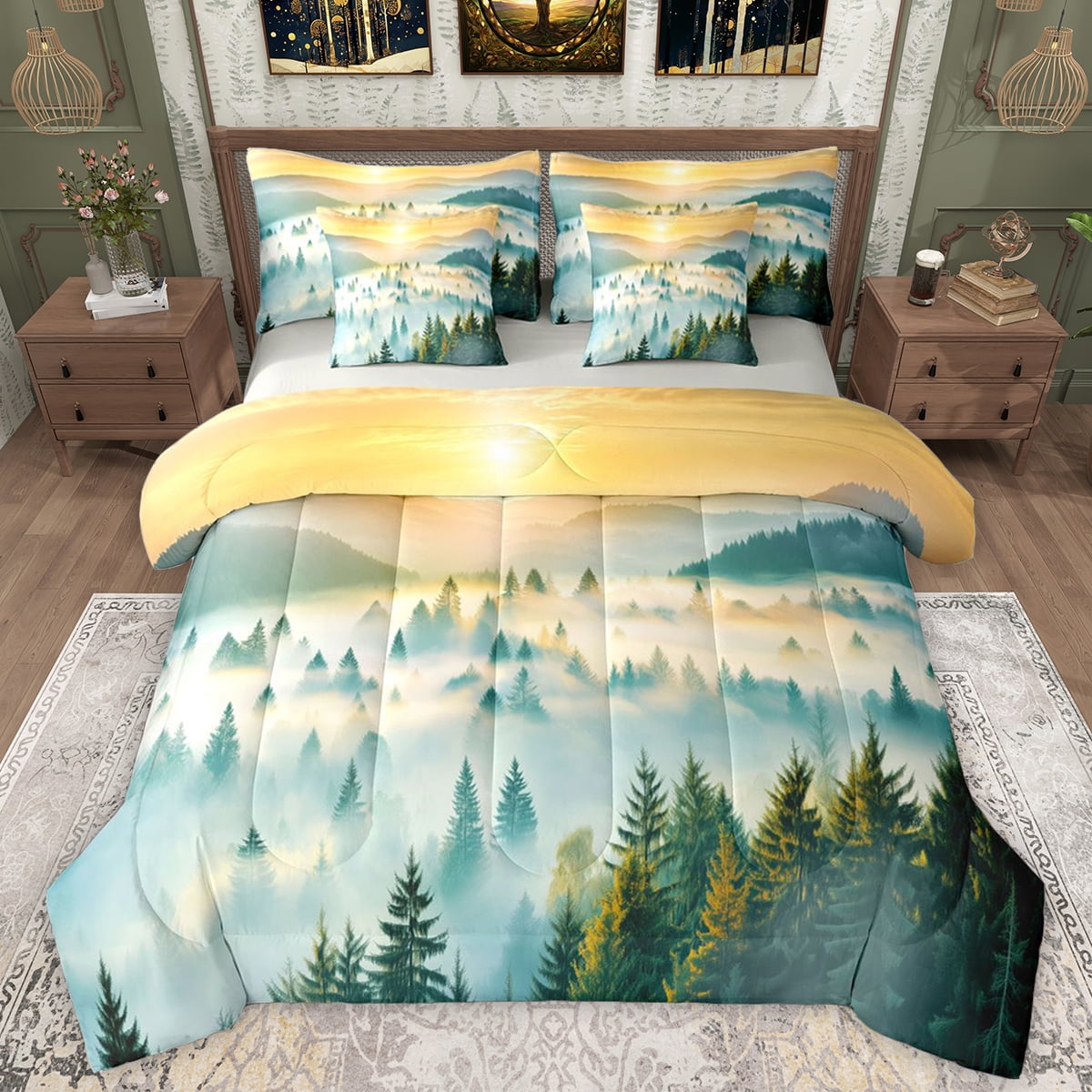 Manfei Wetsern Farmhouse Adult Bedding Comforter Set 7pcs, Green Gold ...