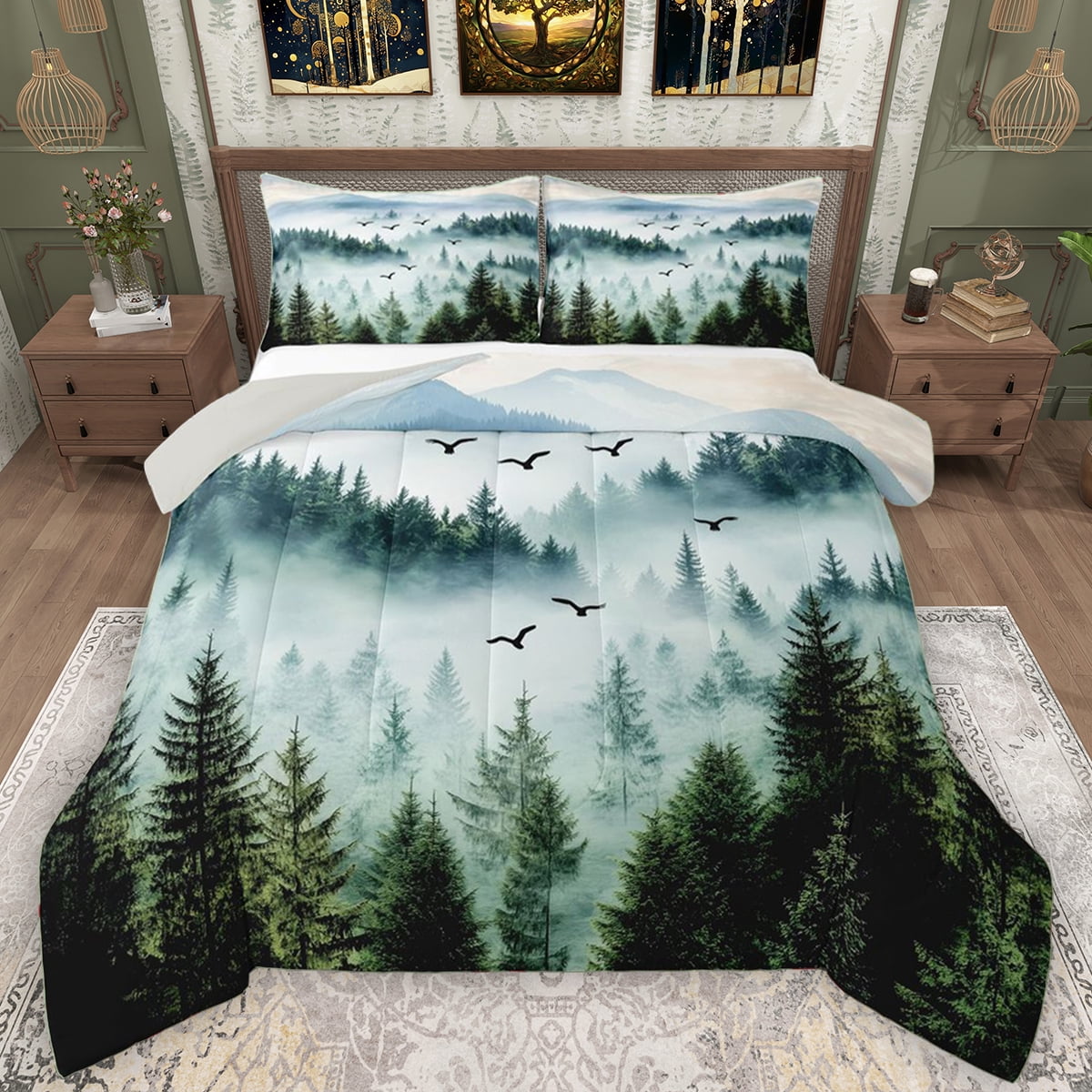 Manfei Wetsern Farmhouse Adult Bedding Comforter Set, Green Landsacpe ...