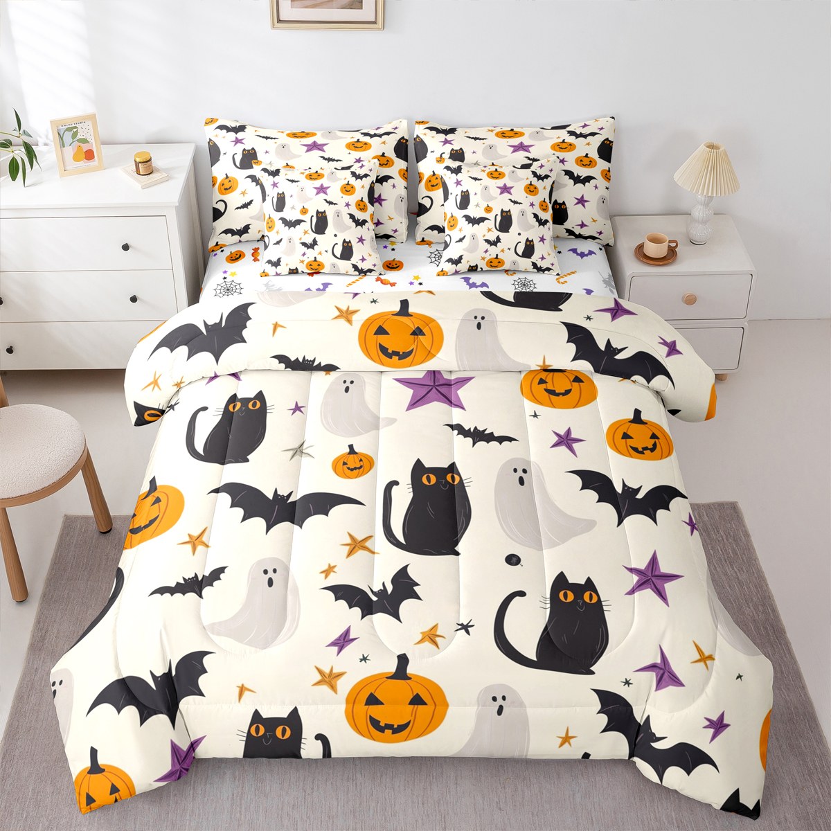 Manfei Wheat Cute Ghost Bedding Comforter Set 7pcs, Halloween Pumpkin ...
