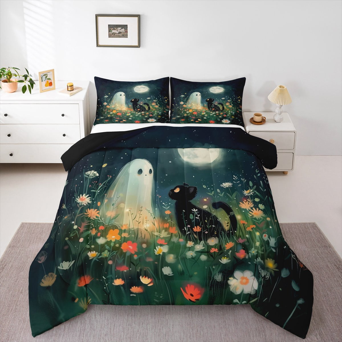 Manfei White Ghost 3 Pieces Queen Comforter Set,Black Cat Ultra Soft ...