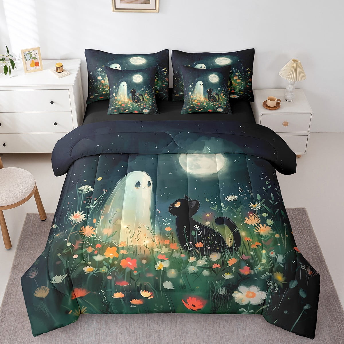 Manfei White Ghost 7-Piece Bedding Comforter Set,Black Cat King Bedding ...
