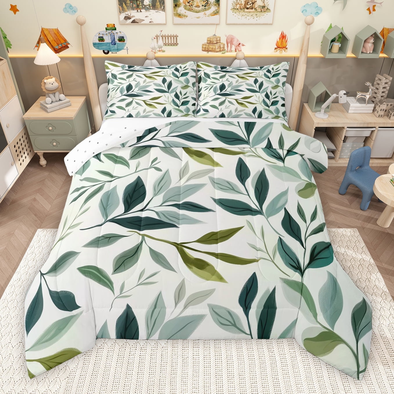 Manfei White Green Leaf Queen Comforter Set, Western Plant Botanical ...
