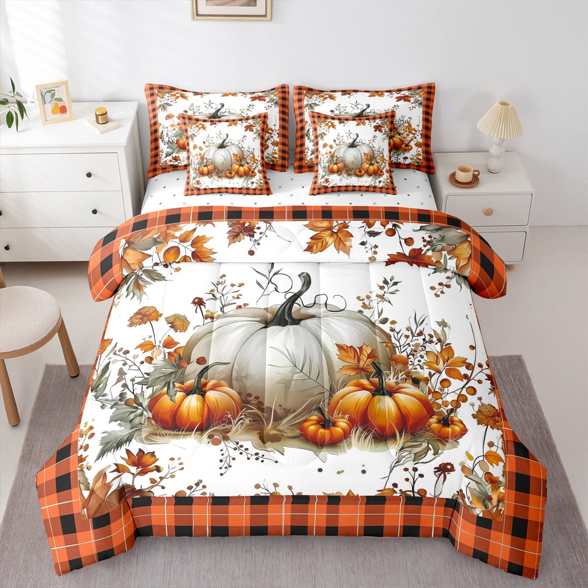 Manfei White Orange Pumpkin 7-Piece Twin Bedding Sets,Rustic Flower ...