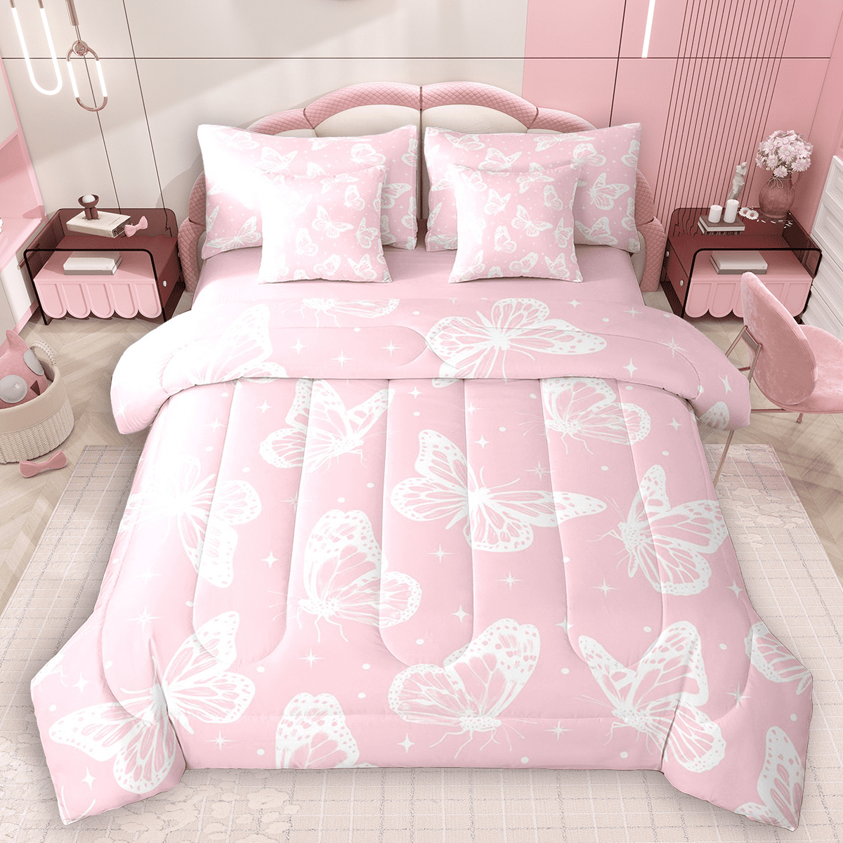 Manfei White Pink Butterfly Bedding Comforter Set 7pcs for Girls ...