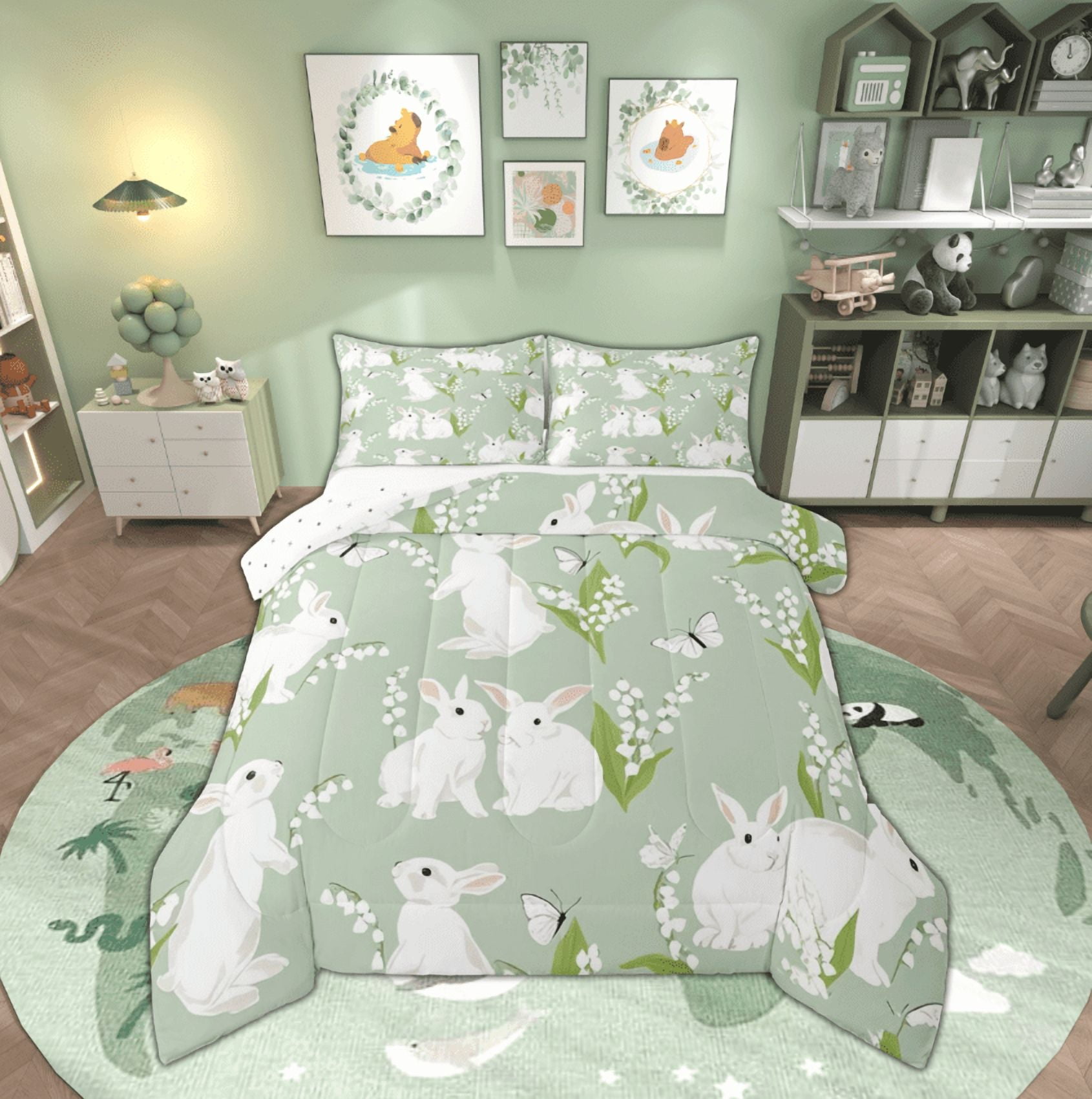 Feelyou White Rabbit Full Size Comforter Sets, Spring Garden Floral Bedding Comforter Set ...