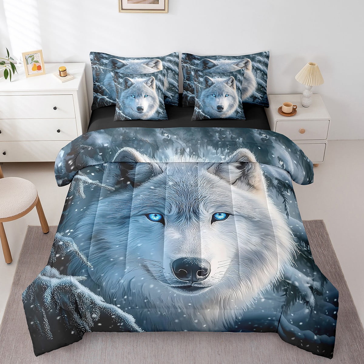 Manfei White Wolf Bedding Full Size,Jungle Animal Comforter Sets with ...
