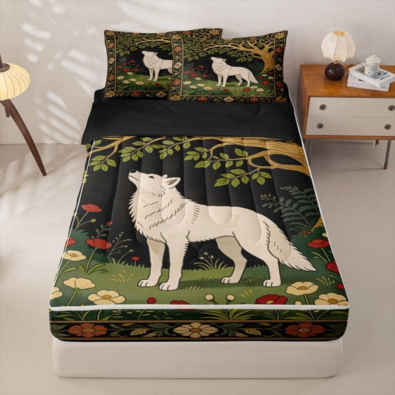 Manfei White Wolf Zipper Twin Comforter Sets with Fitted Sheet and 2 ...