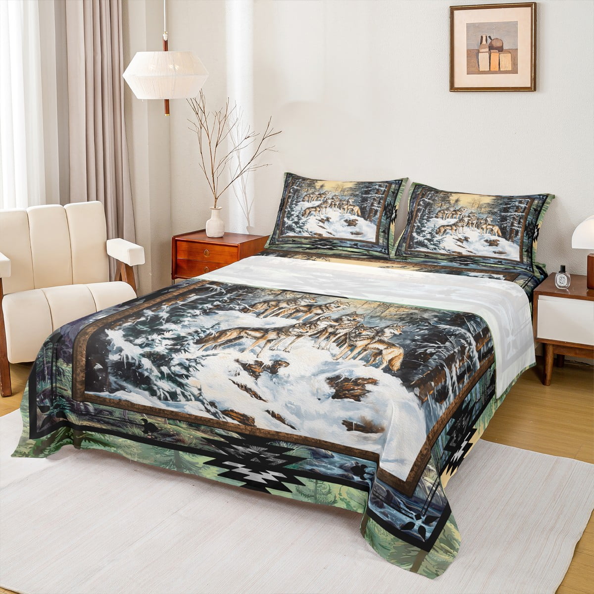 Manfei Wild Animal Wolf Bed Sheets,Tropical Botanical Pine King Sheets ...