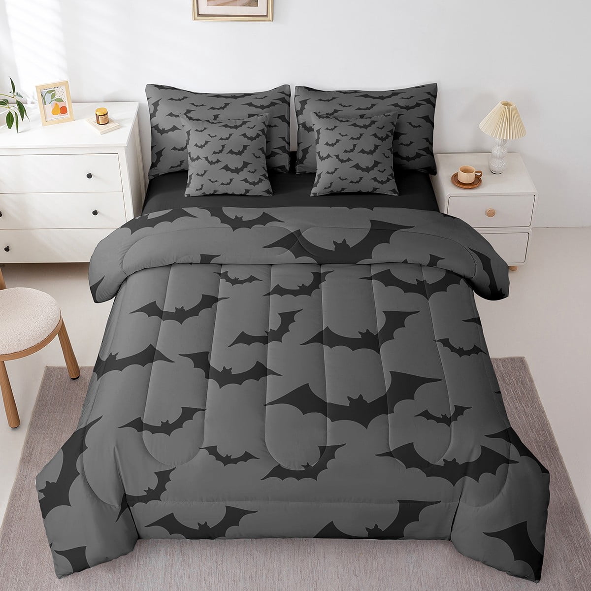 Manfei Wild Bat Bed in a Bag King Size,Happy Halloween Bed Set,Gray ...
