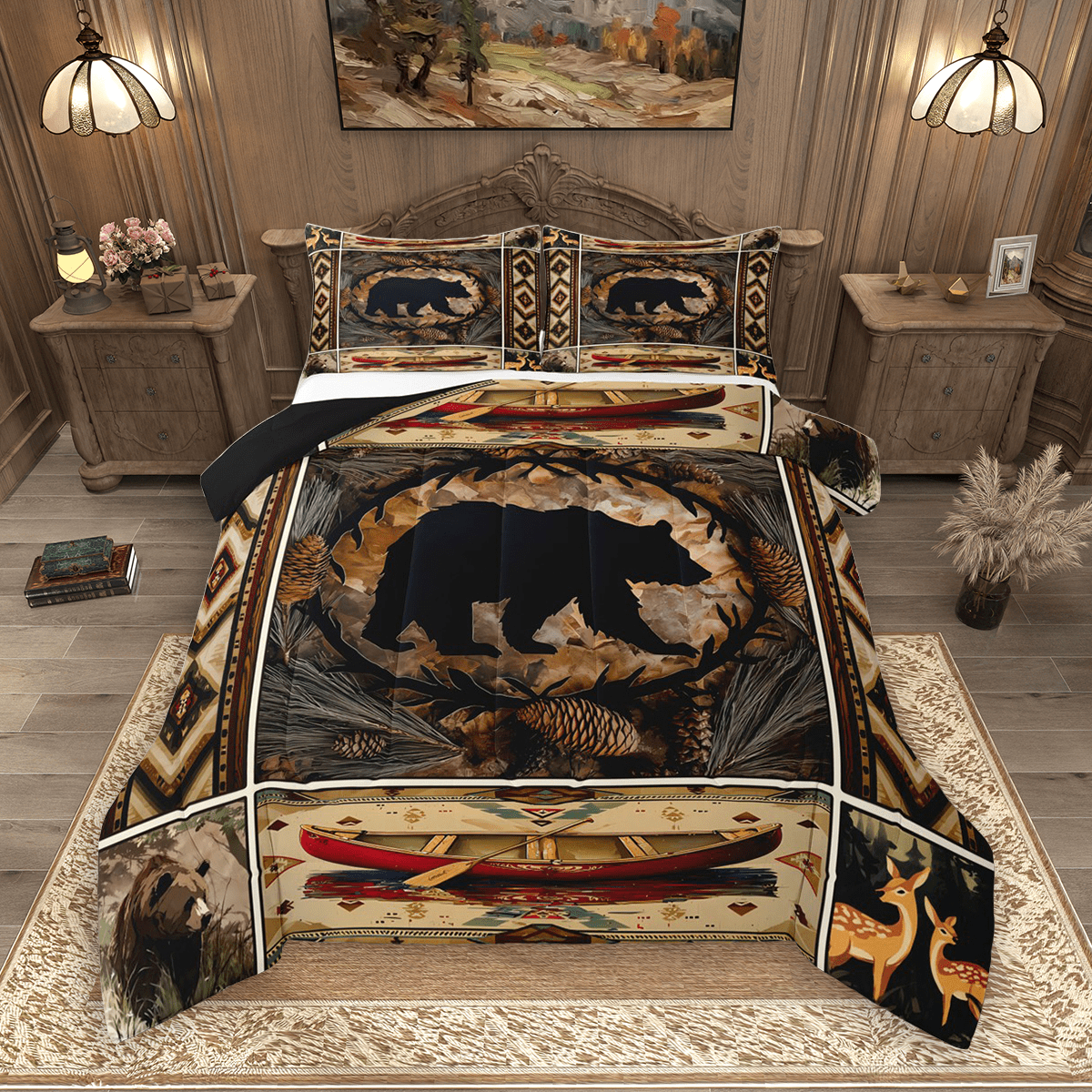 Manfei Wild Bear Deer Queen Comforter Set 3 Pieces, Vintage Lake House ...
