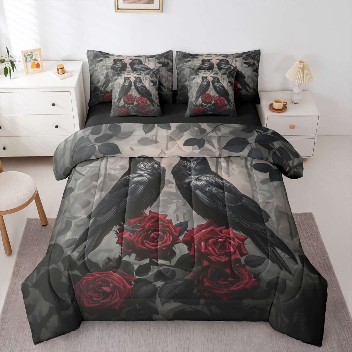 Manfei Wild Bird Crow Bedding Comforter Set 7pcs,Country Flower Floral ...
