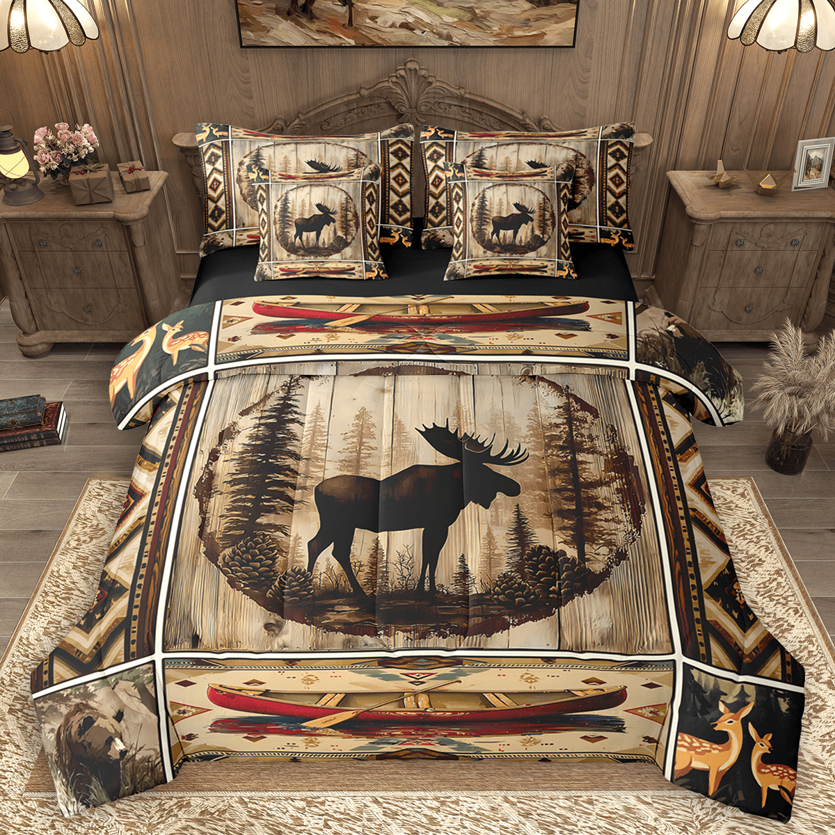 Manfei Wild Deer Moose Bear Bedding Comforter Set 7 Pieces, Vintage ...
