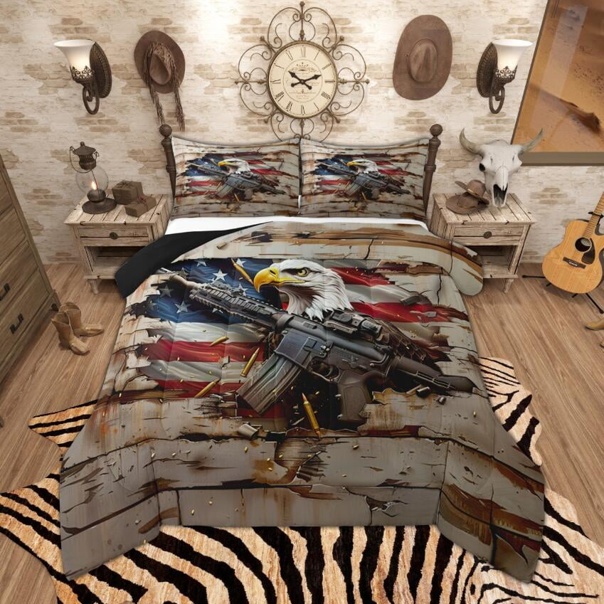 Manfei Wild Eagle Bald King Size Comforter Sets, Old Barn Door US Flag ...