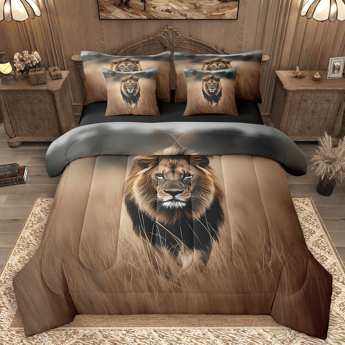 Manfei Wild Lion Bedding Comforter Set 7 Pieces, Jungle Wildlife Queen ...