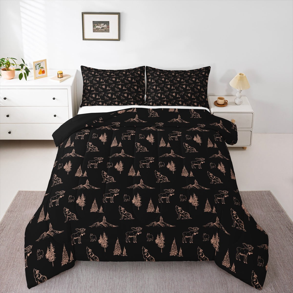 Manfei Wild Moose Bear Queen Comforter Set,Jungle Animal Bedding Sets,Natural Mountain Pine ...