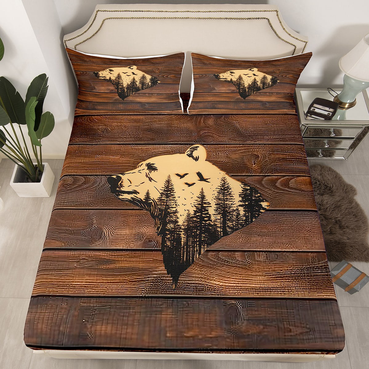 Manfei Wildlife Bear 4-Piece Full Size Sheets,Rustic Cabin Bed Sheets ...