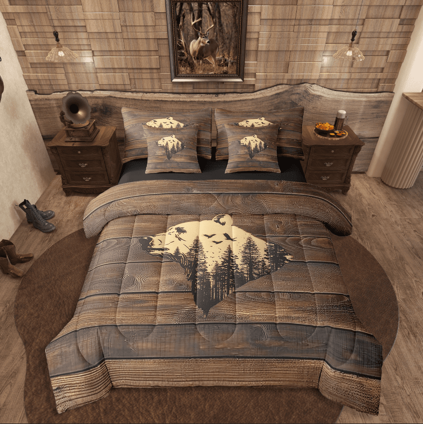 Manfei Wildlife Bear 7pcs Bedding Comforter Set,Rustic Cabin Queen ...