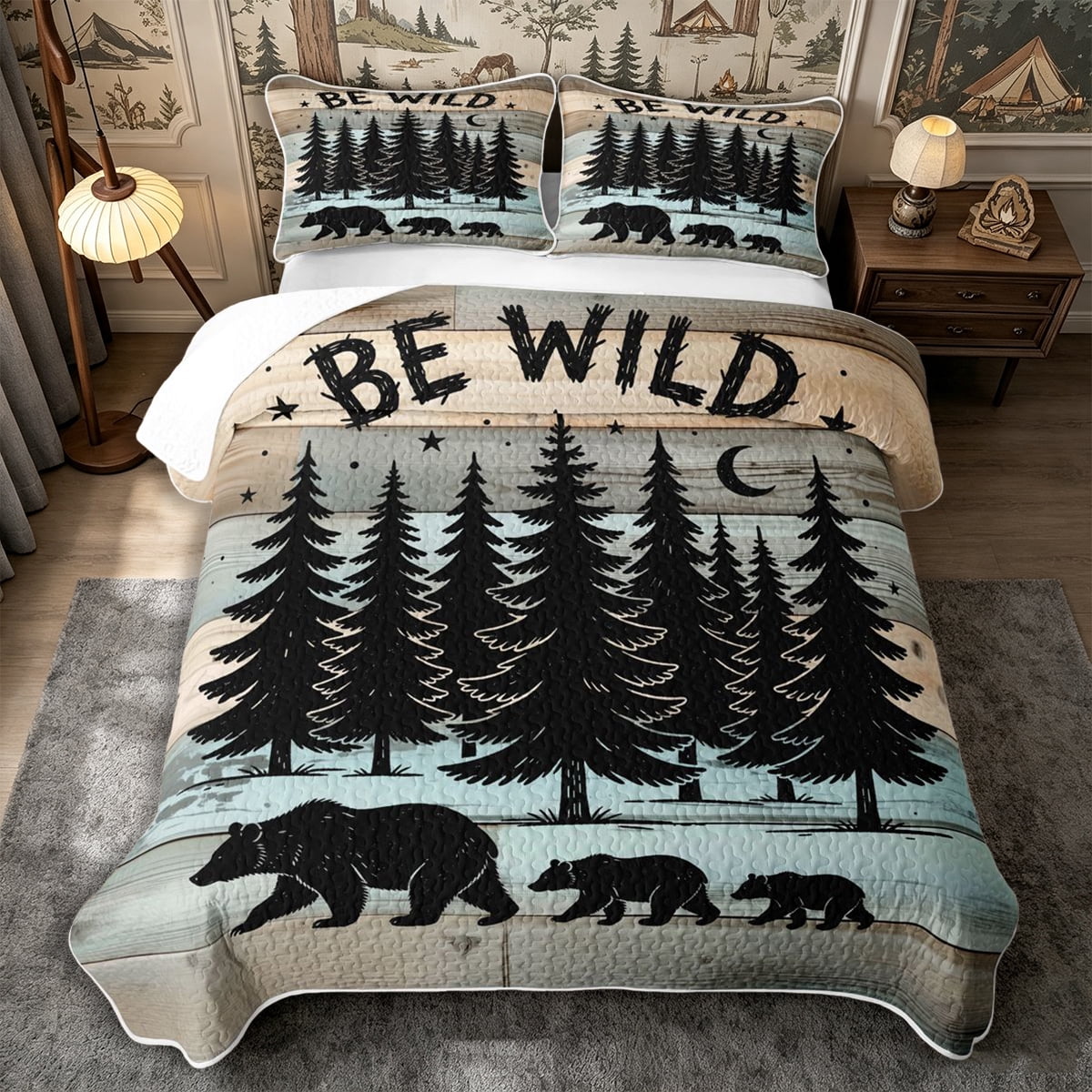 Manfei Wildlife Bears Quilt Full 3-Piece,Rustic Cabin Full Bedspread ...