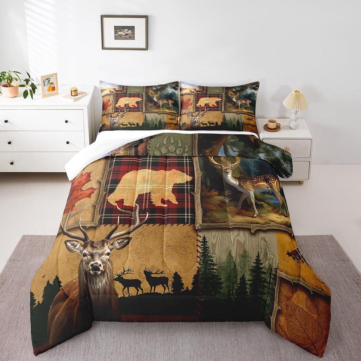 Manfei Wildlife Hunting Comforter Set Queen Size, Cartoon Deer Bear ...