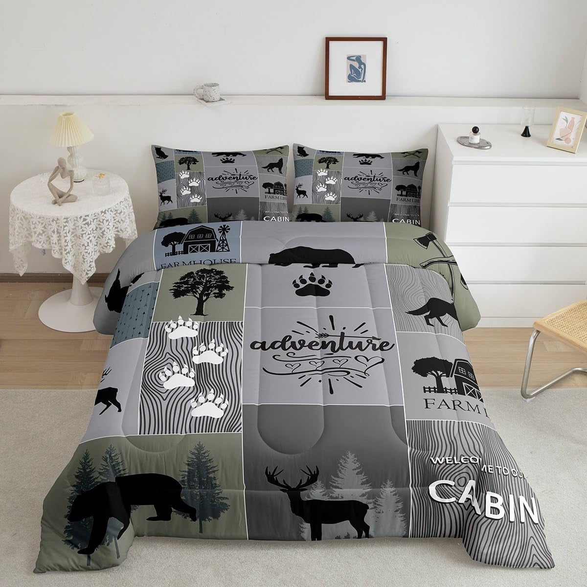 Manfei Wildlife Hunting Comforter Set Queen Size, Cartoon Deer Bear ...