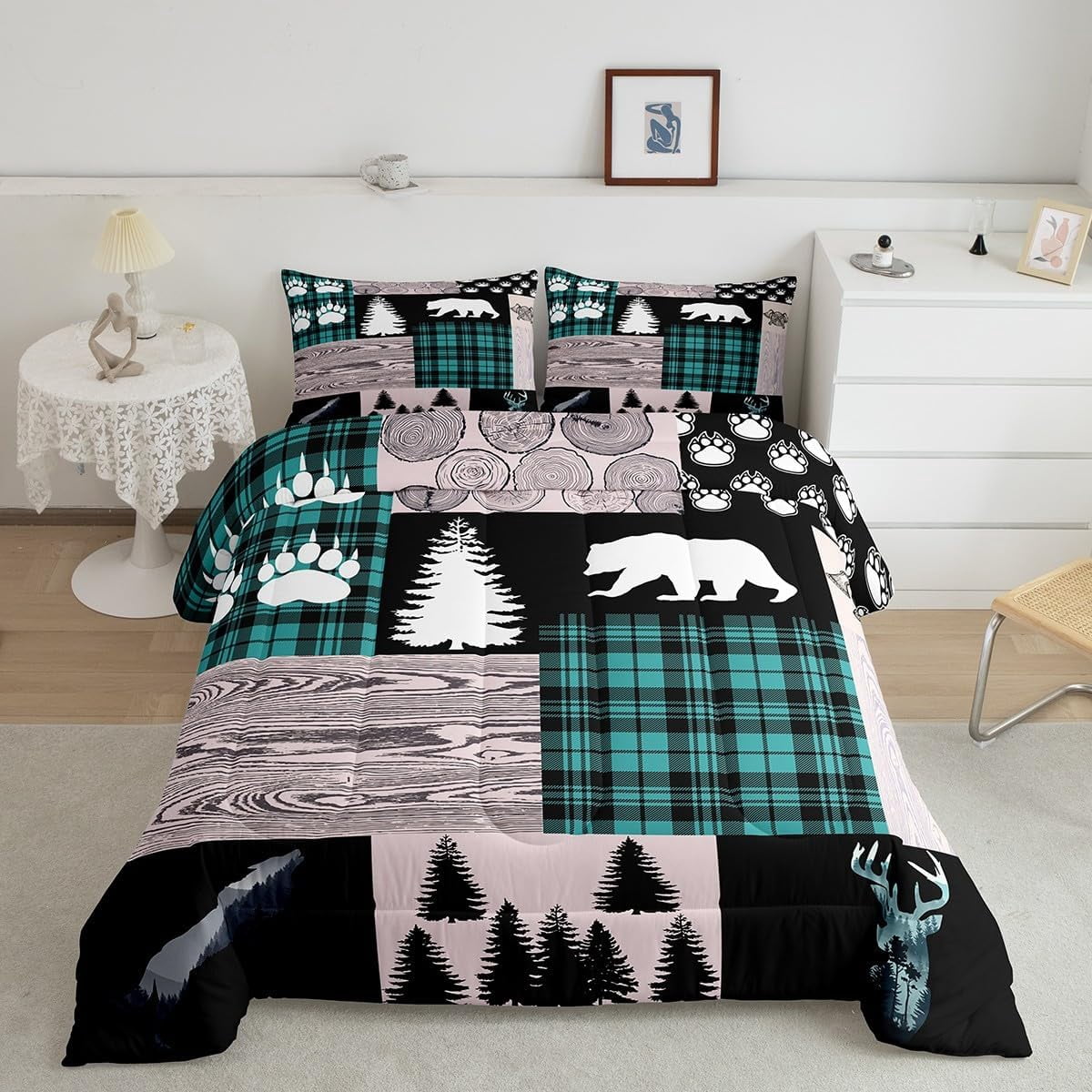 Manfei Wildlife Hunting Comforter Set Queen Size, Cartoon Deer Bear ...
