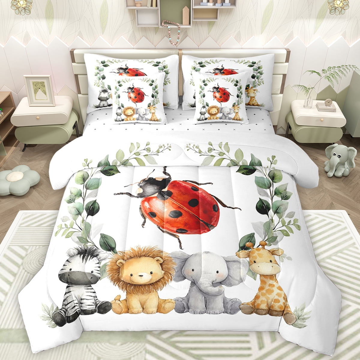 Manfei Wildlife Ladybug 7-Piece Queen Bedding Set,Jungle Zebra Elephant ...