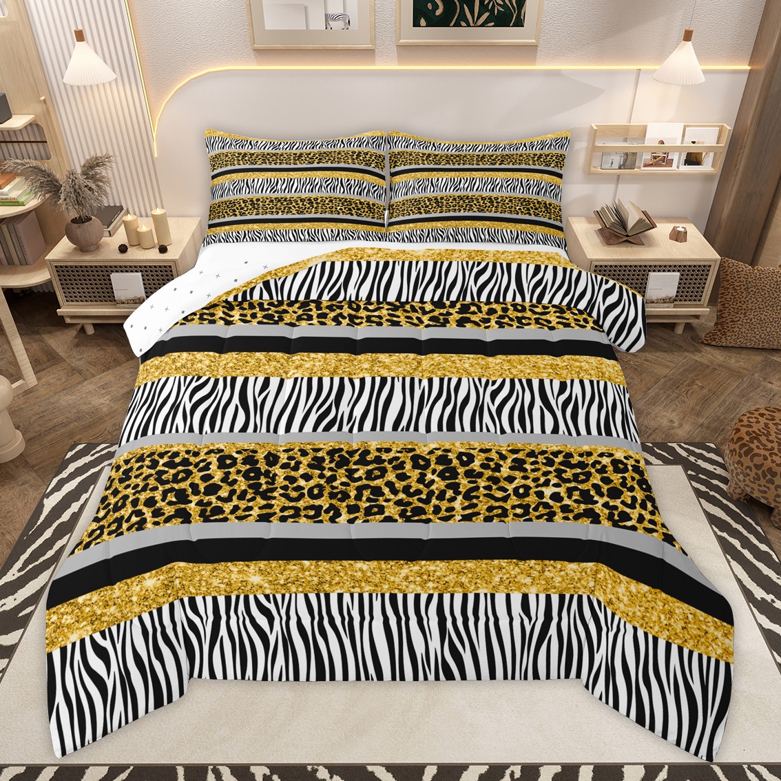 Manfei Wildlife Leopard Zebra 3-Piece Full Size Comforter Sets for ...